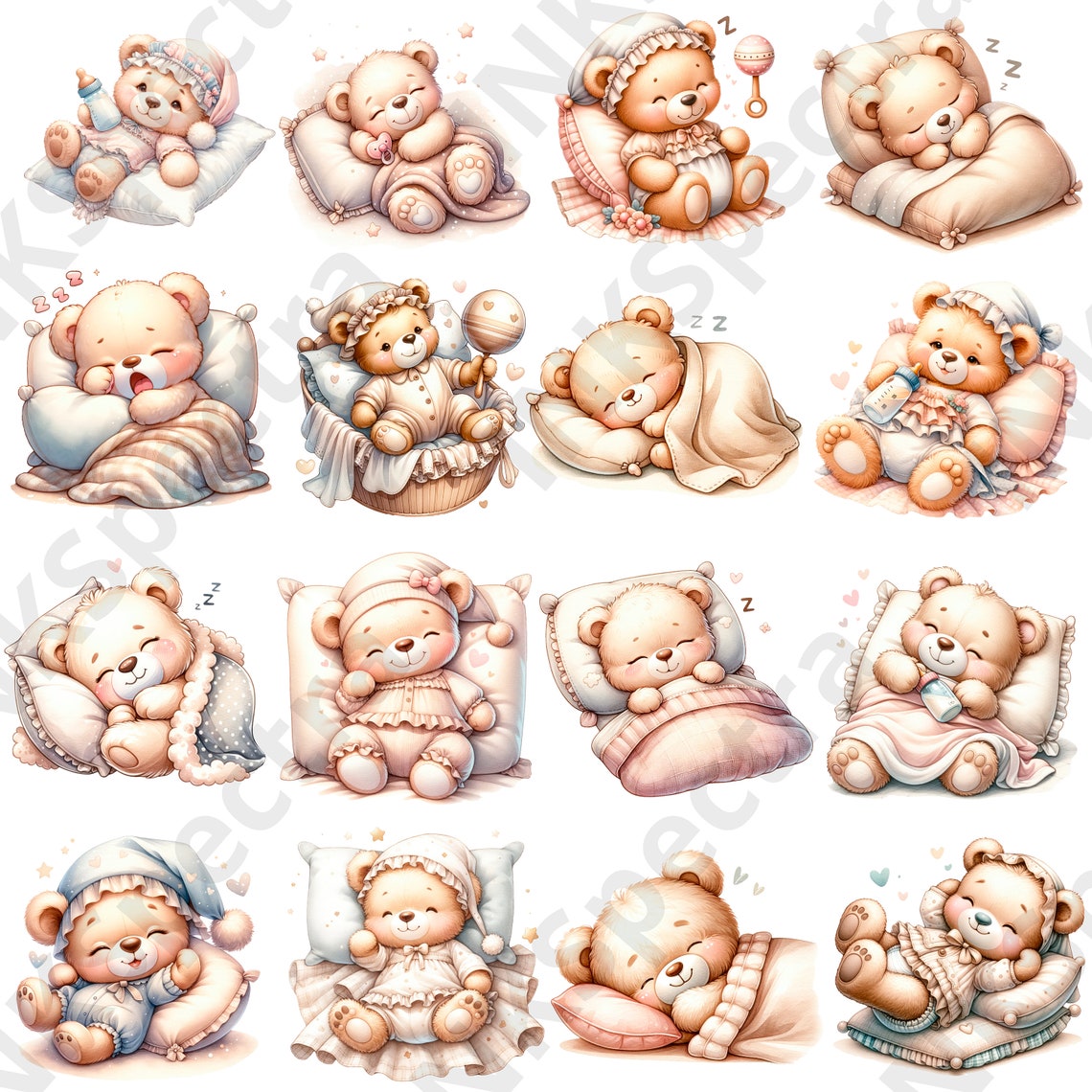 Sleepy Teddy Bears Clipart Bundle PNG, Nursery Decor, Printable Baby ...