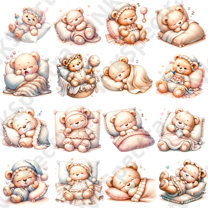 Sleepy Teddy Bears Clipart Bundle PNG, Nursery Decor, Printable Baby ...