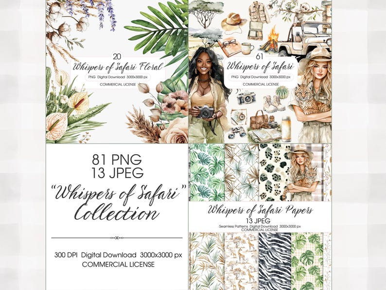 Watercolor Safari Clipart: Jungle Animals, Tropical Flowers (PNG, JPEG ...