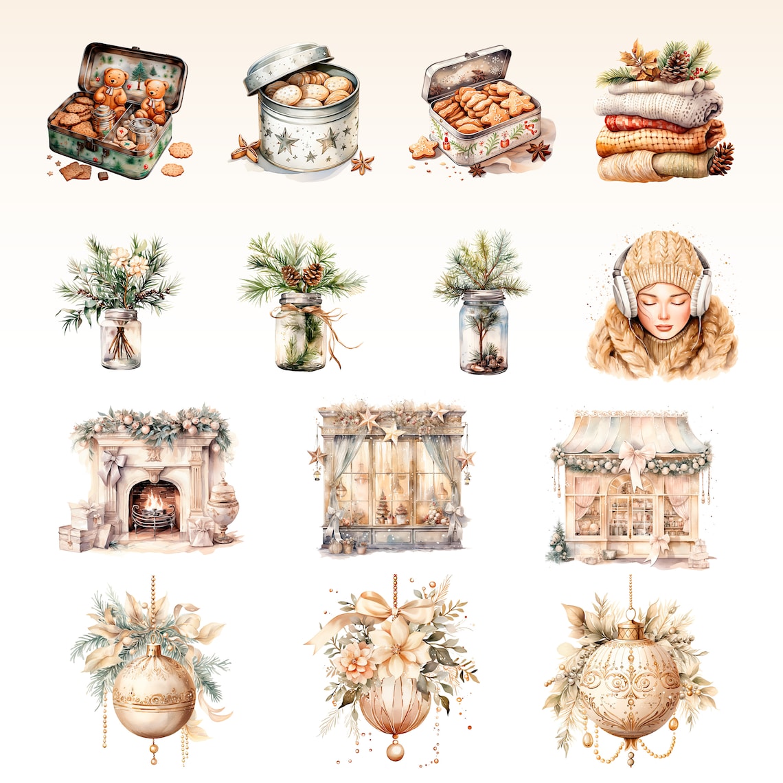 Cozy Boho Christmas Clipart, Watercolor Christmas Clipart, Winter ...