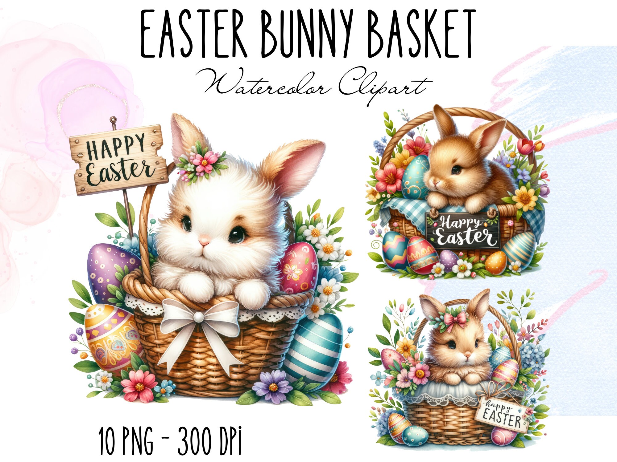 Easter Bunny Basket Clipart, Easter Digital Postcard PNG, Easter Png ...