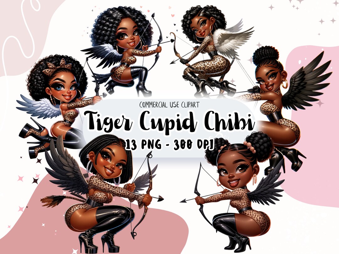 13 Black Girl Chibi Cupid Clipart for Valentine's Day, Love Cupids PNG ...