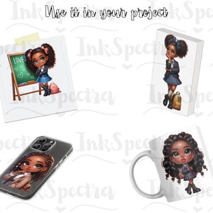 Black Chibi Schoolgirl Clipart Set, Back to School Watercolor PNG ...