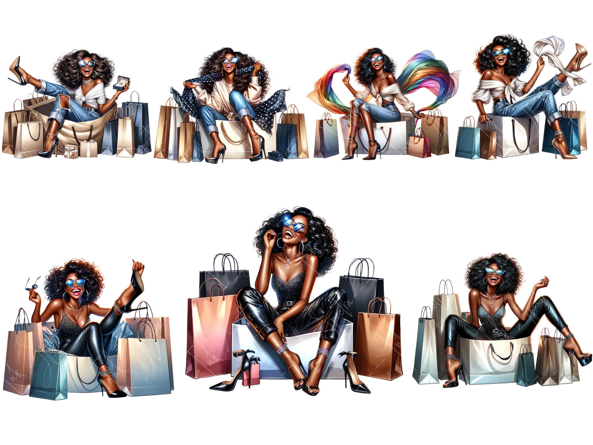 Fashion Black Girl Clipart Bundle, Shopaholic Black Fashionista ...