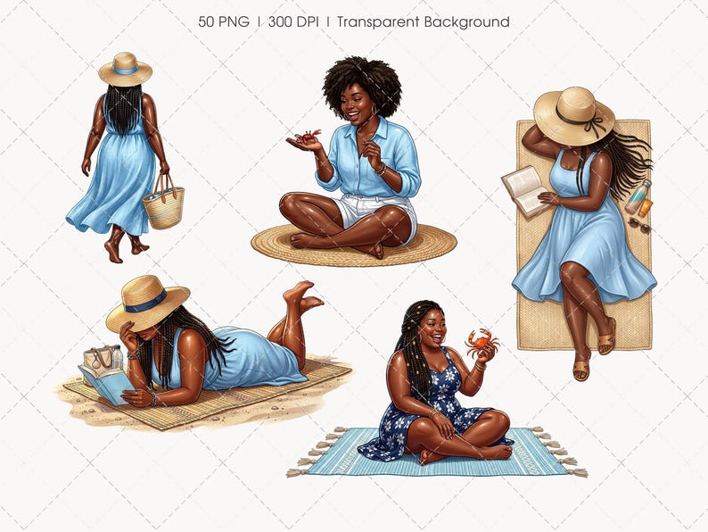 Clipart d'été femme noire bien roulée, vacances à la plage afro ...