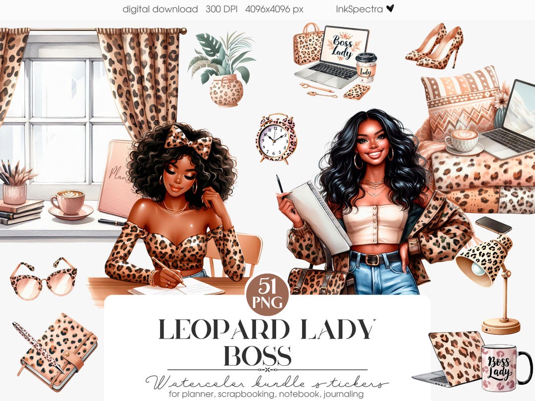 Leopard Planner Stickers, Fashion Black Girl Clipart, Boss Lady Digital Stickers, Notebook PNG ...