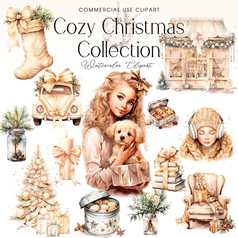 Cozy Boho Christmas Clipart, Watercolor Christmas Clipart, Winter ...