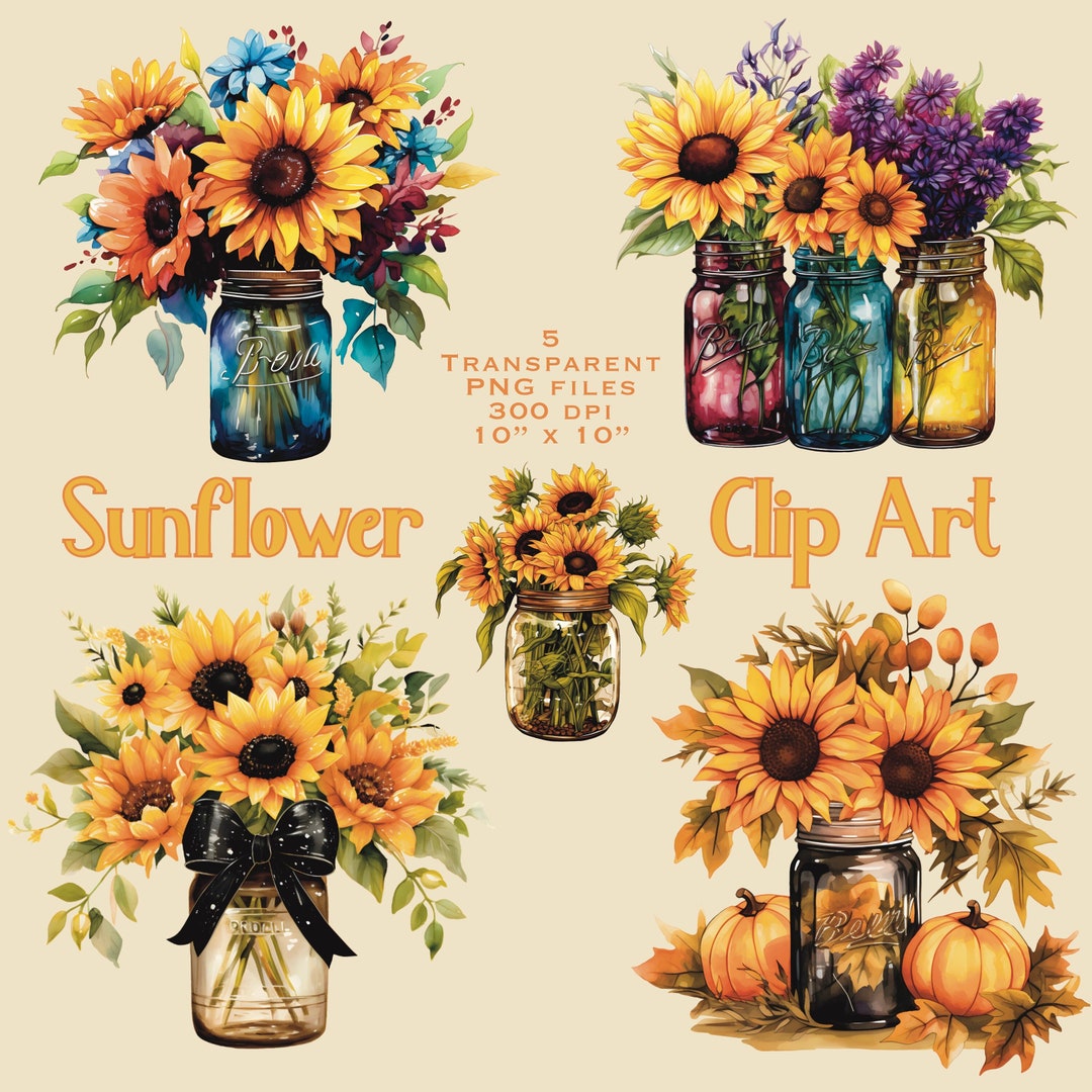 Sunflower Mason Jar Clipart Transparent PNG Digital Download - Etsy