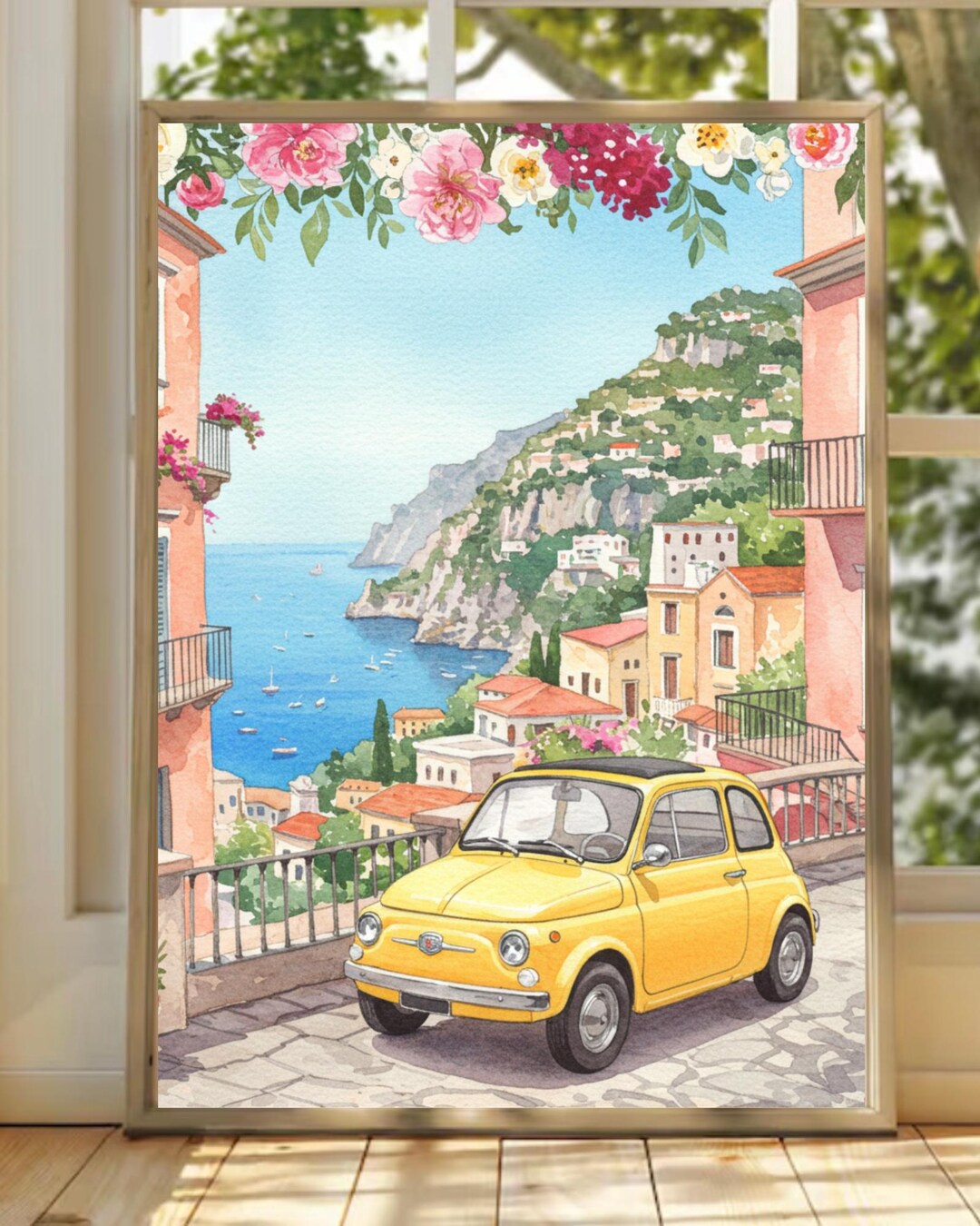 Yellow Fiat Capri Coast Printable Wall Art | Italy Vintage Car Poster ...