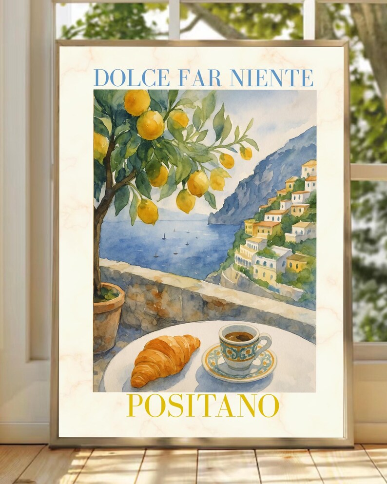 Positano Lemon Tree Print: Italian Coffee & Croissant Watercolor ...