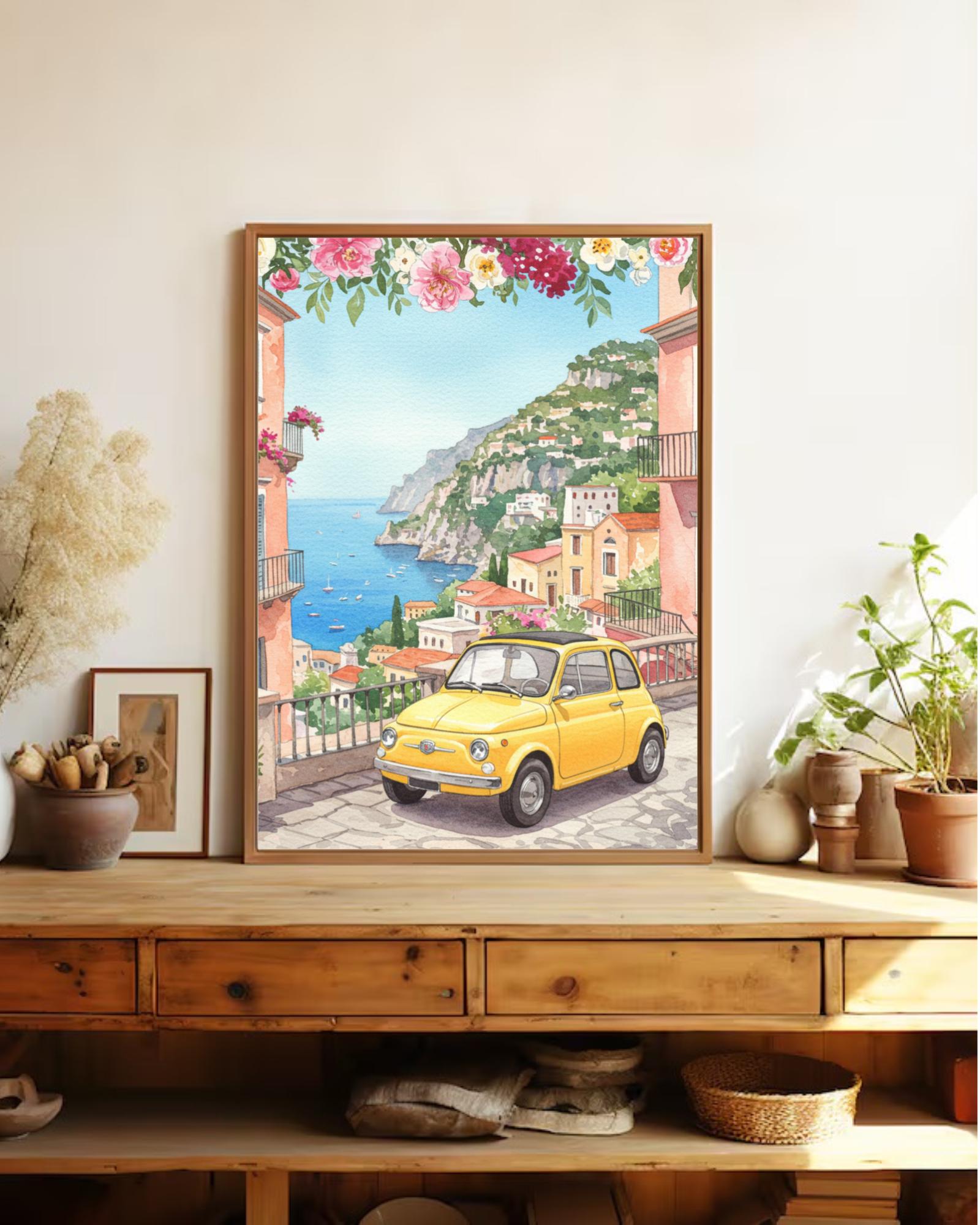 Yellow Fiat Capri Coast Printable Wall Art | Italy Vintage Car Poster ...