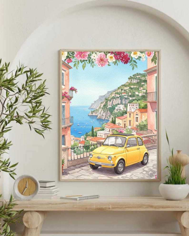 Yellow Fiat Capri Coast Printable Wall Art | Italy Vintage Car Poster ...