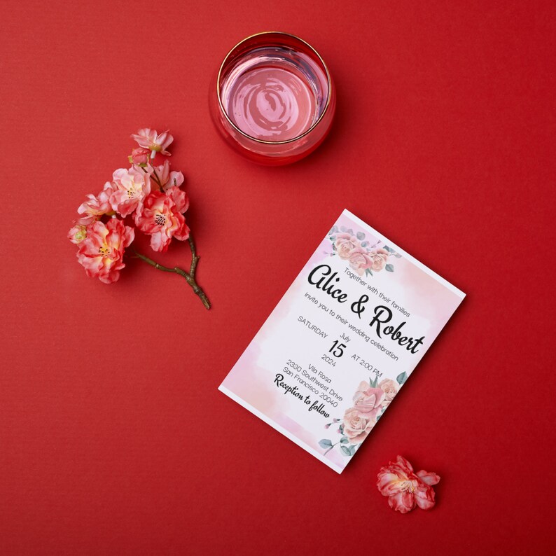 Editable Wedding Invitation Template,digital Pink Floral,rose Wedding ...