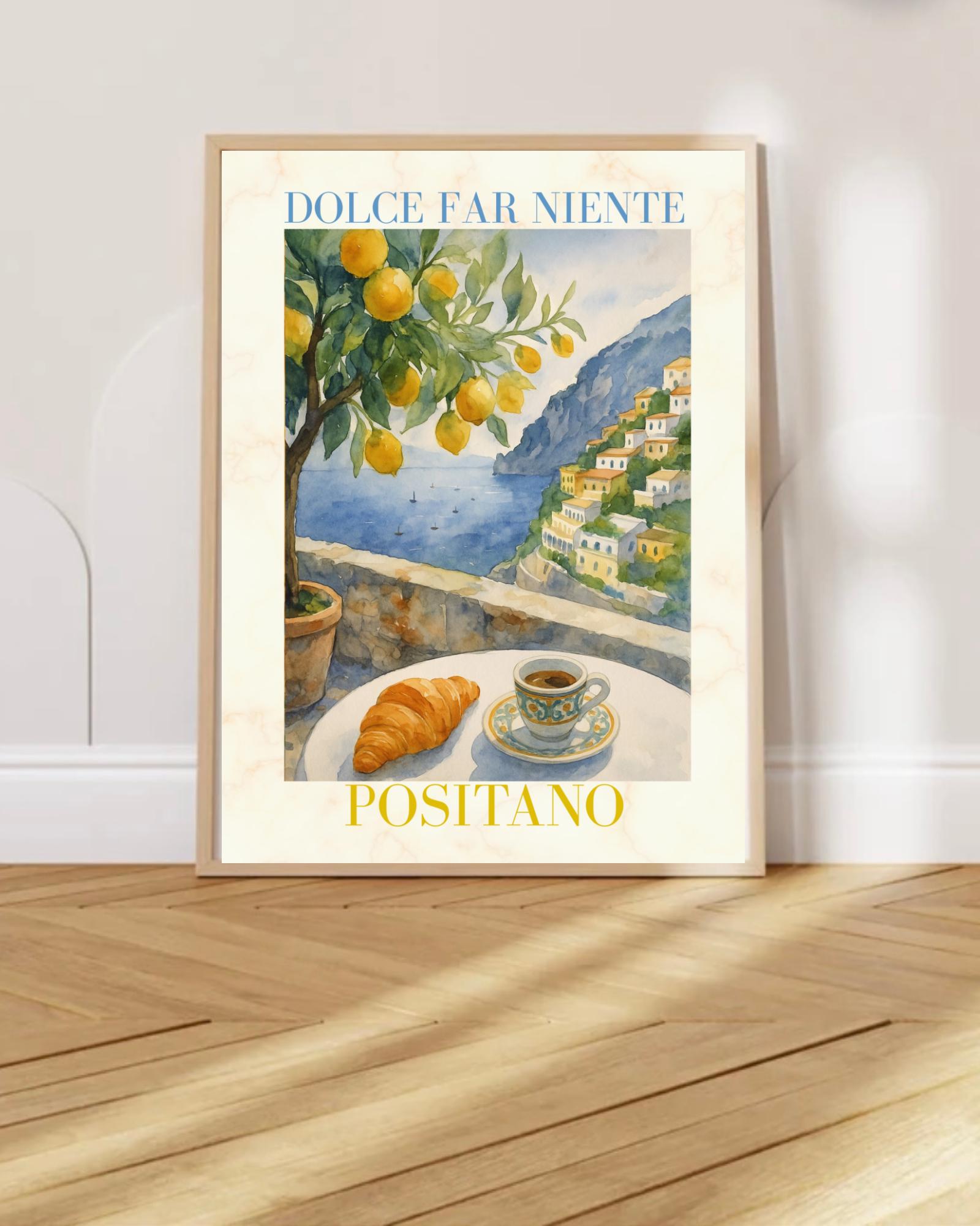 Positano Lemon Tree Print: Italian Coffee & Croissant Watercolor ...