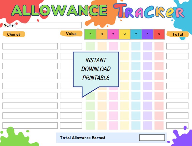 Allowance Tracker Kids Allowance Chart Reward Chart Allowance Chart ...