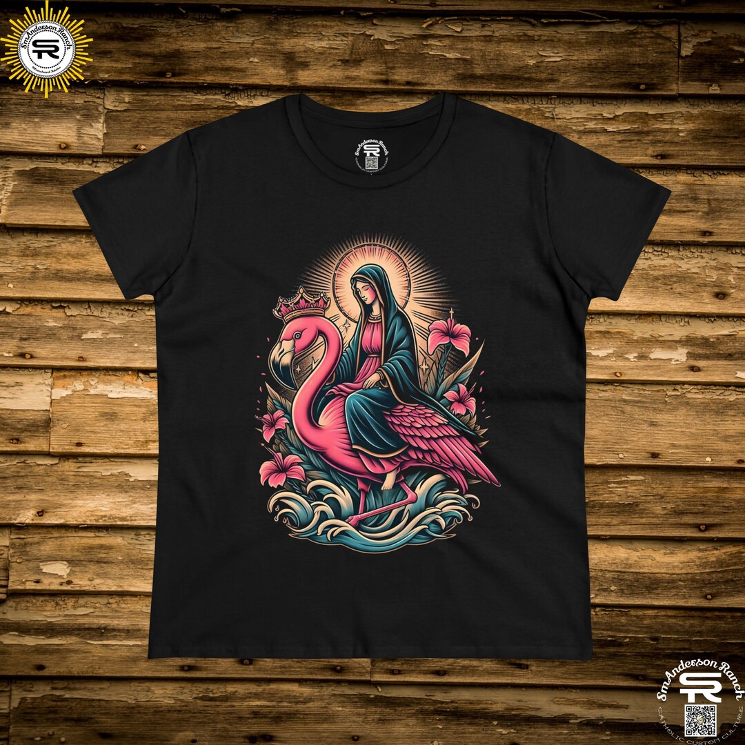 Women's Blessed Virgin Mary Riding a Pink Flamingo SR Traditional ...