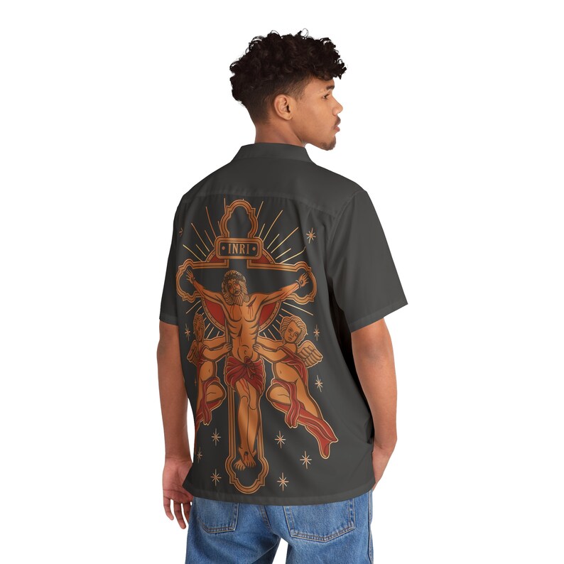 Crucifix Jesus, SR Button Down Bowling, Hawaiian Shirt, Tattoo Style ...