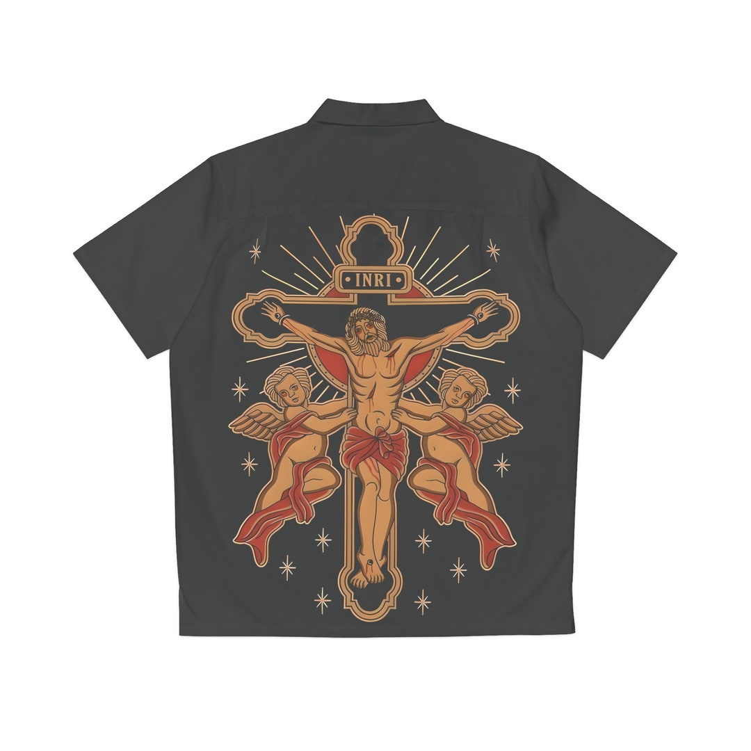 Crucifix Jesus, SR Button Down Bowling, Hawaiian Shirt, Tattoo Style ...