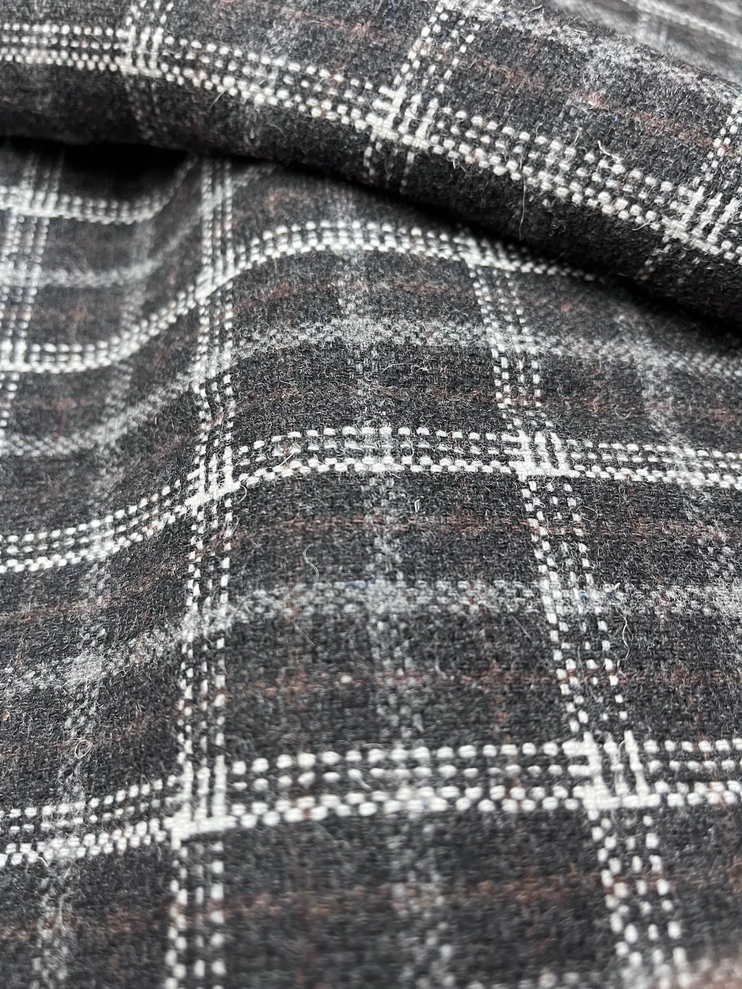 Real Wool (flannel) Fabric -plaids & Stitch on Black and Gray Color ...