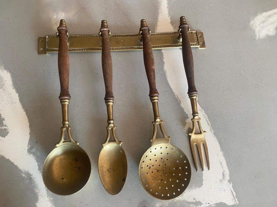 Antique French Brass Kitchen Utensil Set With Hanging Rail, Late 1800s ...