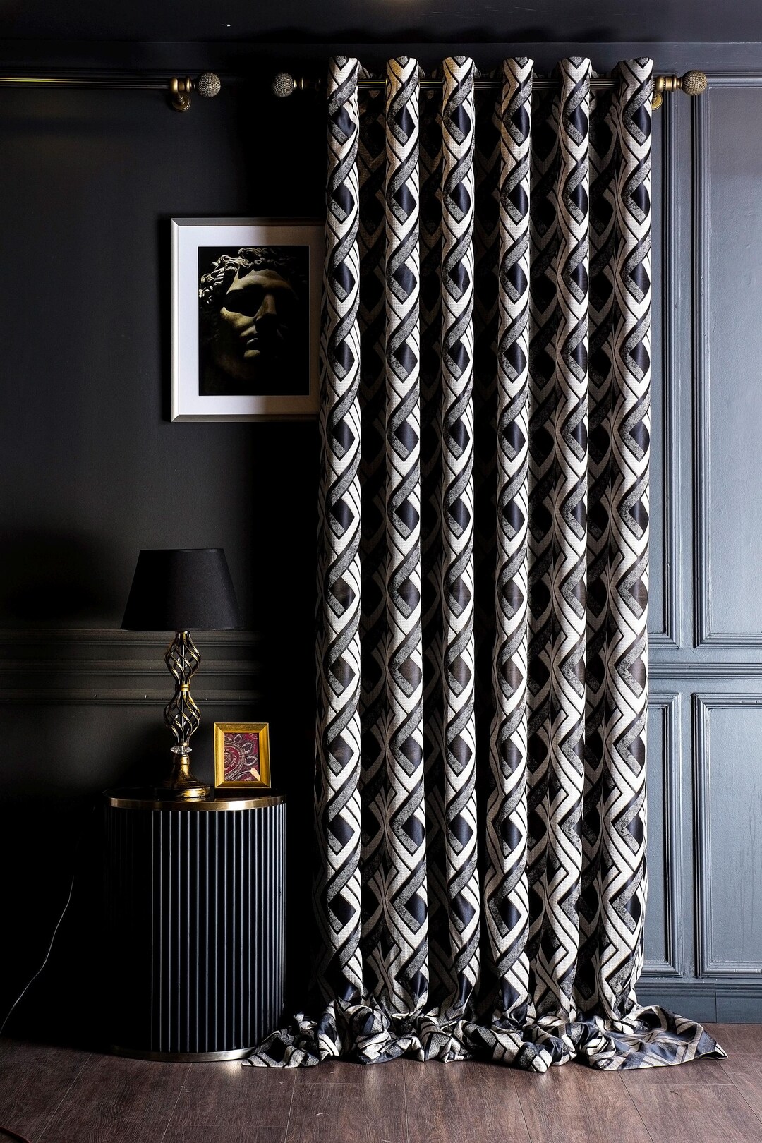 Navy Blue White Geometric Striped Patterned Curtains, Luxury Beige Gold ...