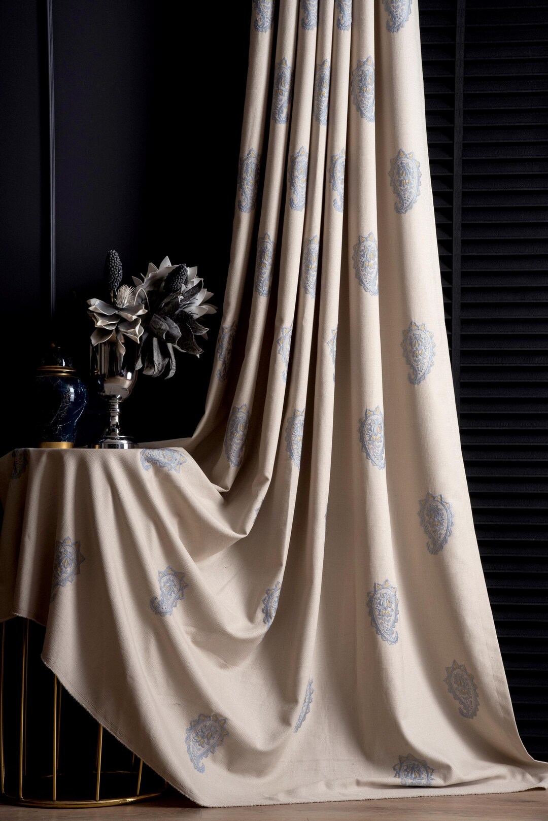 Soft Blue Paisley Embroidered Linen Curtains, Custom Luxury Drapes for ...