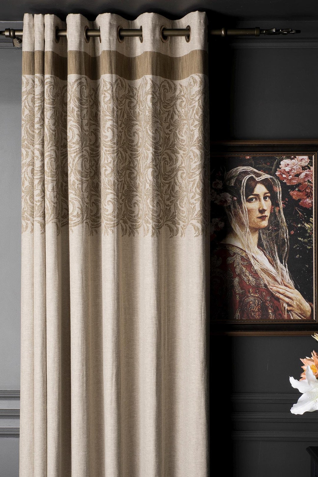 Beige Curtains With Brown Damask and Stripe Pattern Custom Size Panels ...