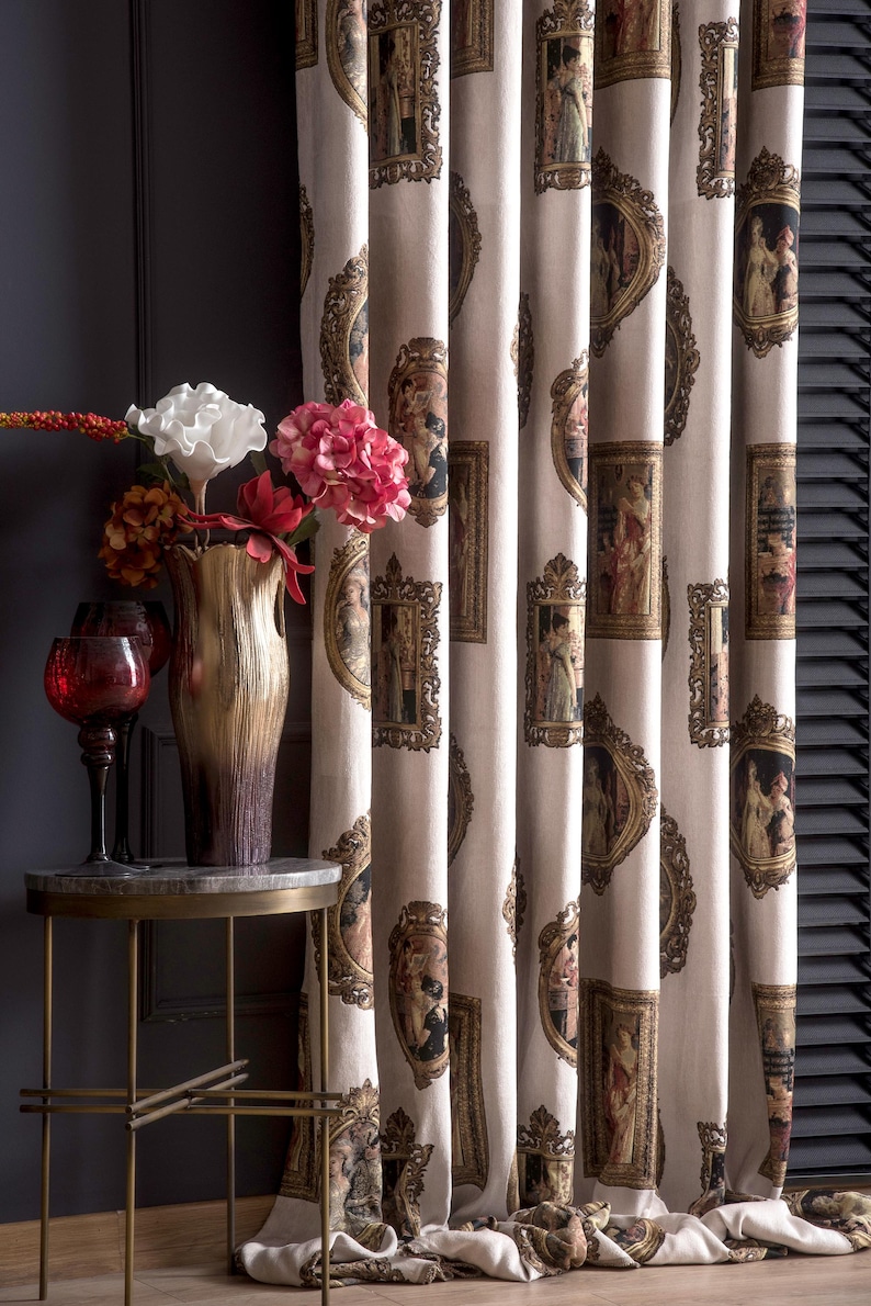 Vintage Baroque Curtains Panel, Portrait Print Drapes, White Black ...