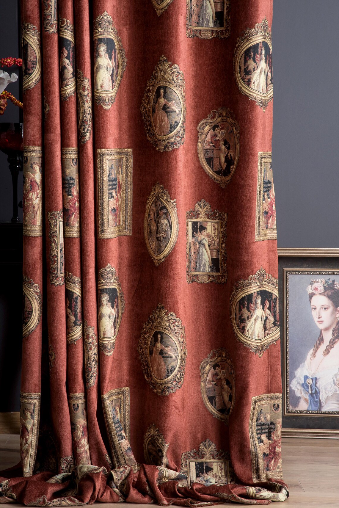 Vintage Baroque Curtains Panel, Portrait Print Drapes, White Black ...