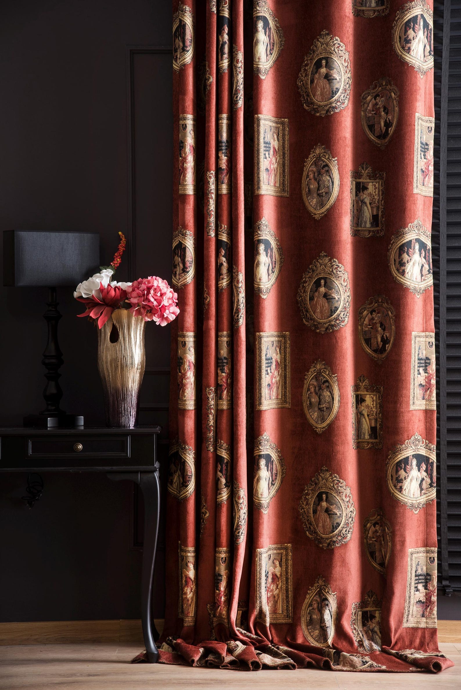 Vintage Baroque Curtains Panel, Portrait Print Drapes, White Black ...