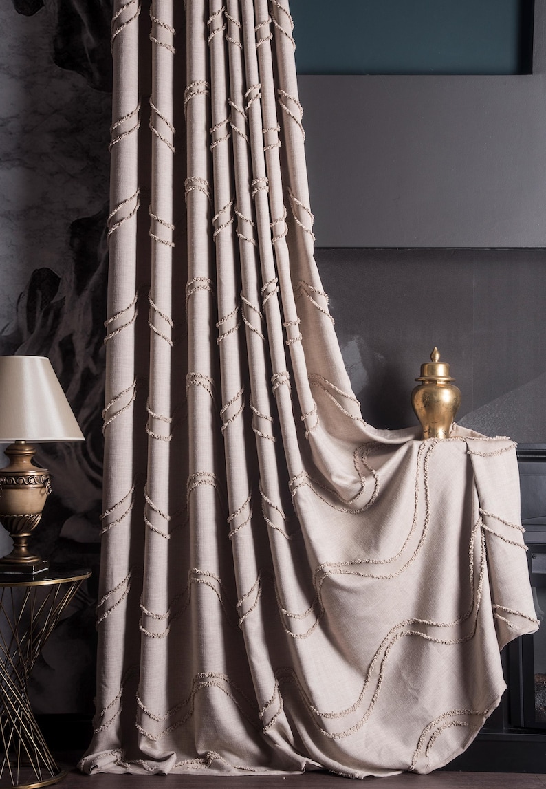 Terracotta Striped Tassel Curtains, Custom Size Soft Linen Fabric ...