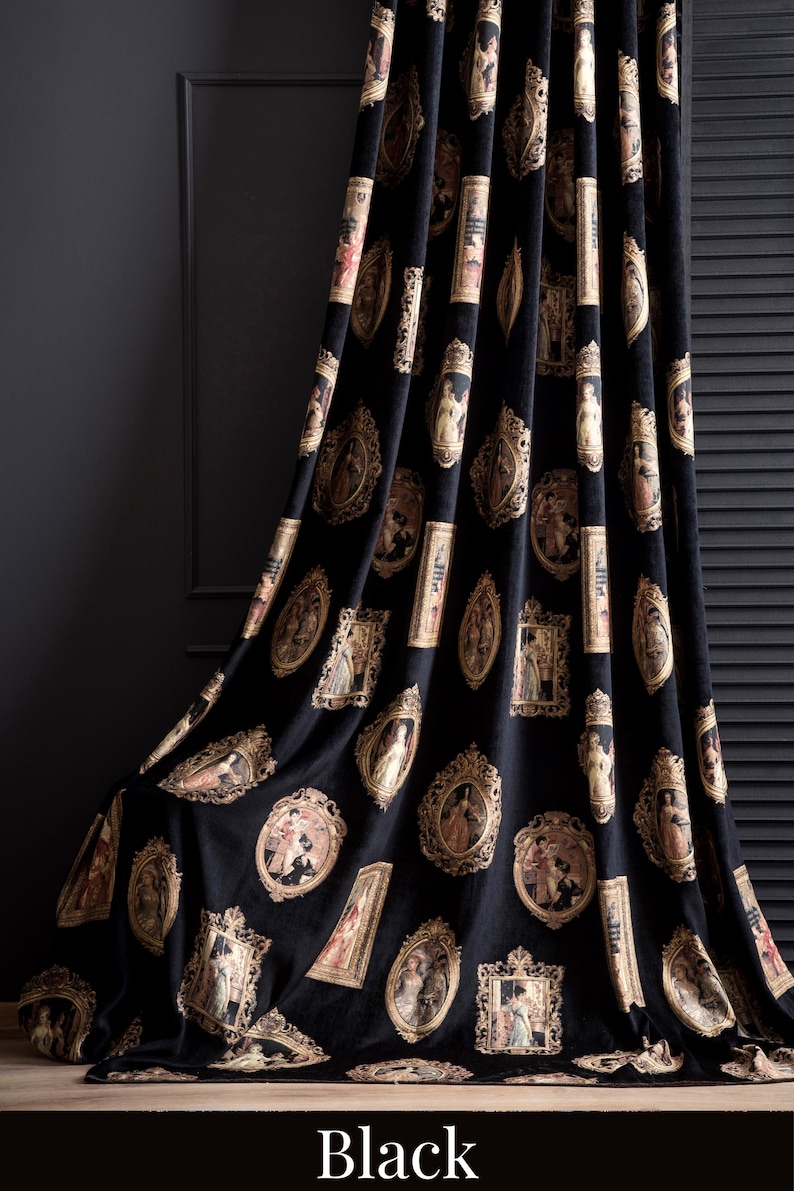 Vintage Baroque Curtains Panel, Portrait Print Drapes, White Black ...