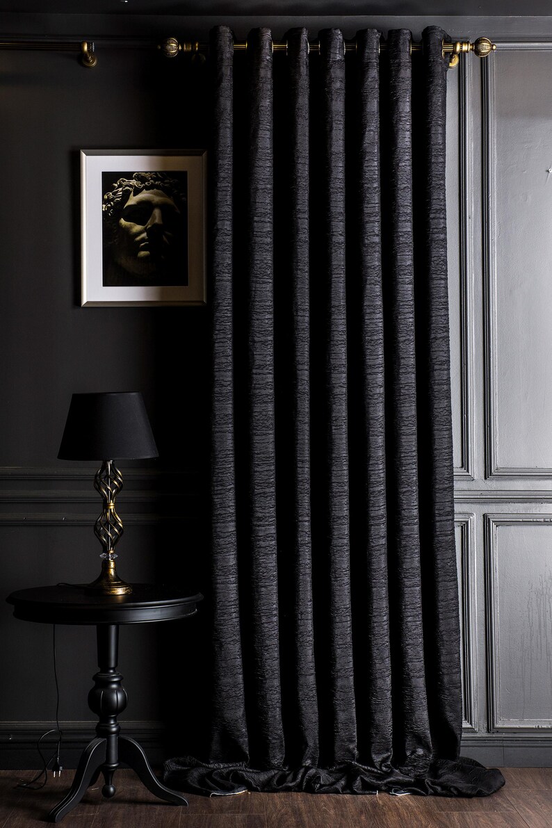 Bohemian Black Crinkled Curtains, Luxury Textured Curtains Panel ...