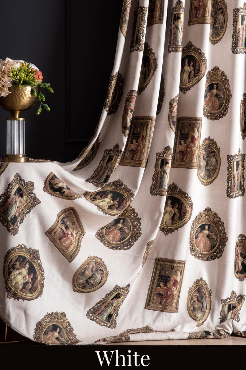 Vintage Baroque Curtains Panel, Portrait Print Drapes, White Black ...