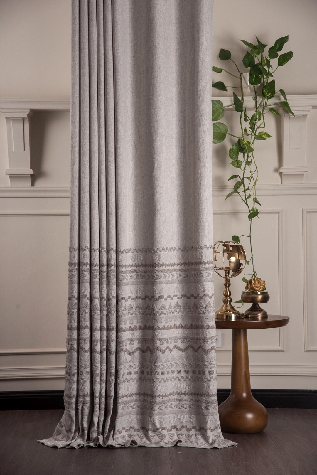 Gray Linen Embroidered Curtains, Luxury Textured Fabric, Geometric ...