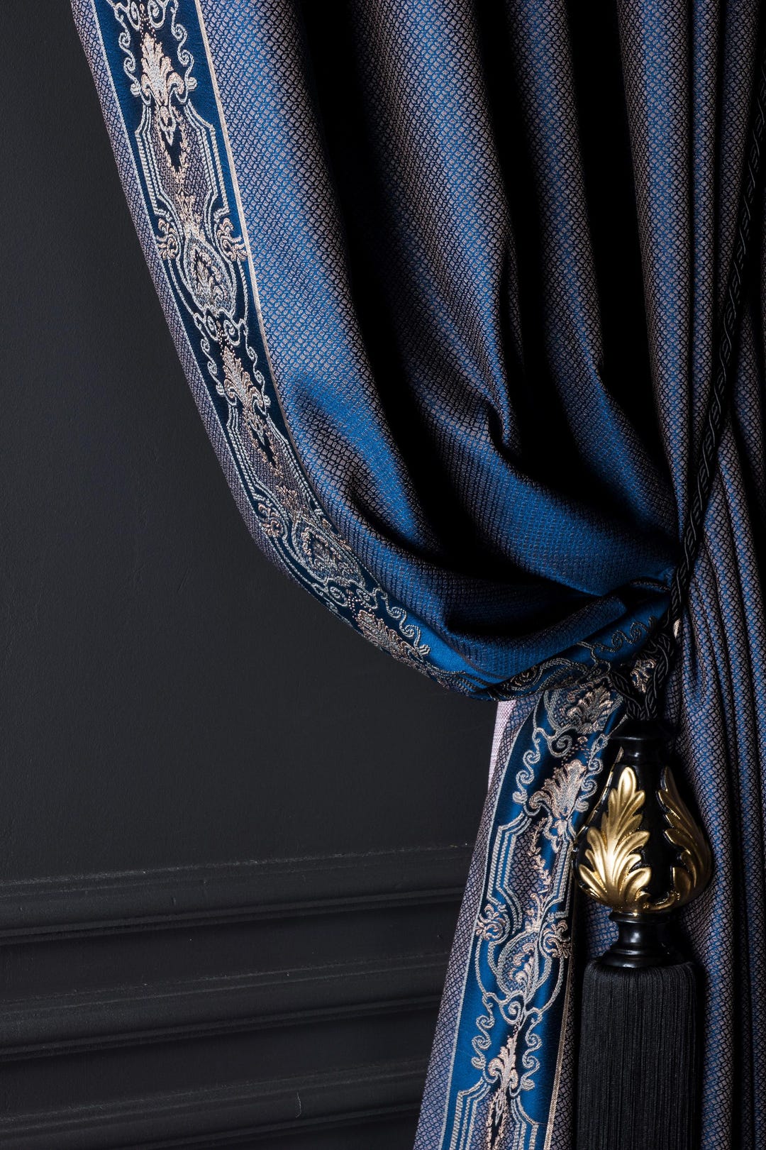 Navy Blue and Gold Damask Pattern Fabric Panel, Luxury Custom Size ...