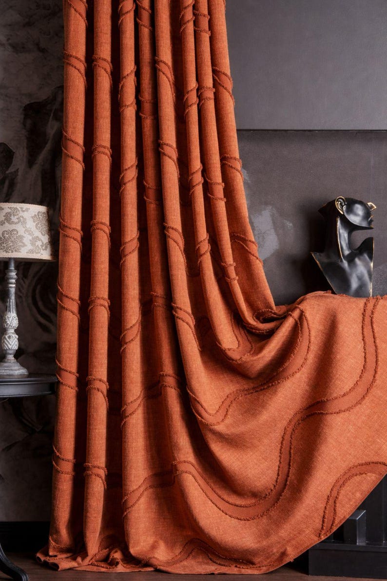 Terracotta Striped Tassel Curtains, Custom Size Soft Linen Fabric ...