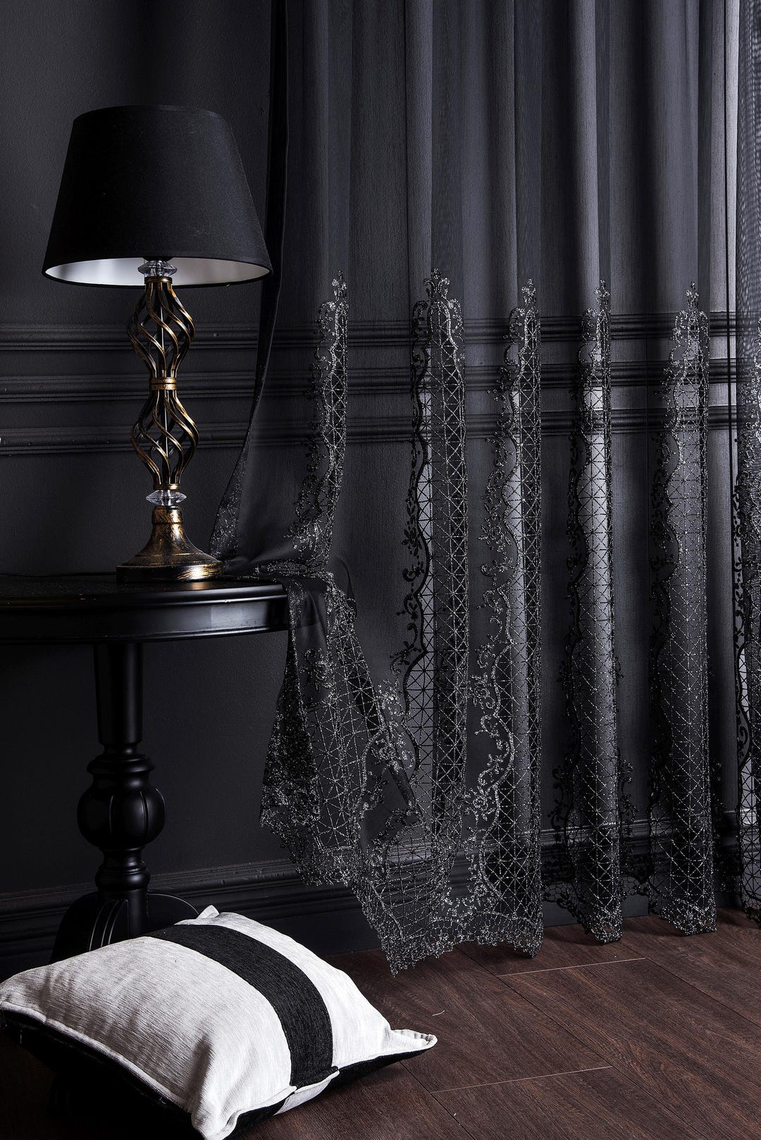 Lace Embroidered Luxury Gothic Curtains, Black White Tulle Whimsigoth ...