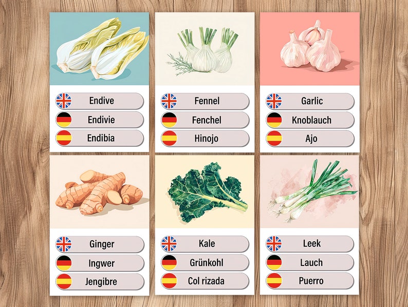 100 Veggie Flashcards, English With Bilingual Educational Language Set ...
