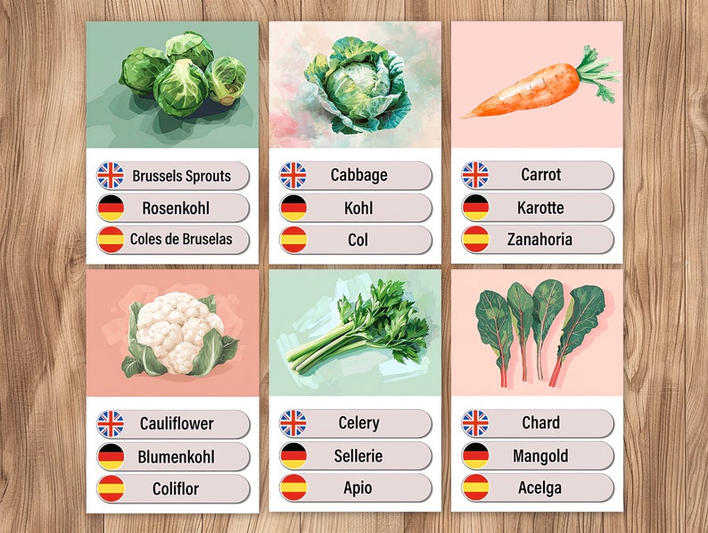 100 Veggie Flashcards, English With Bilingual Educational Language Set ...