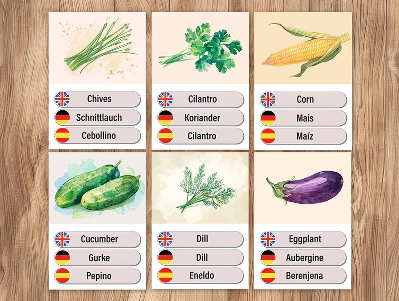 100 Veggie Flashcards, English With Bilingual Educational Language Set ...