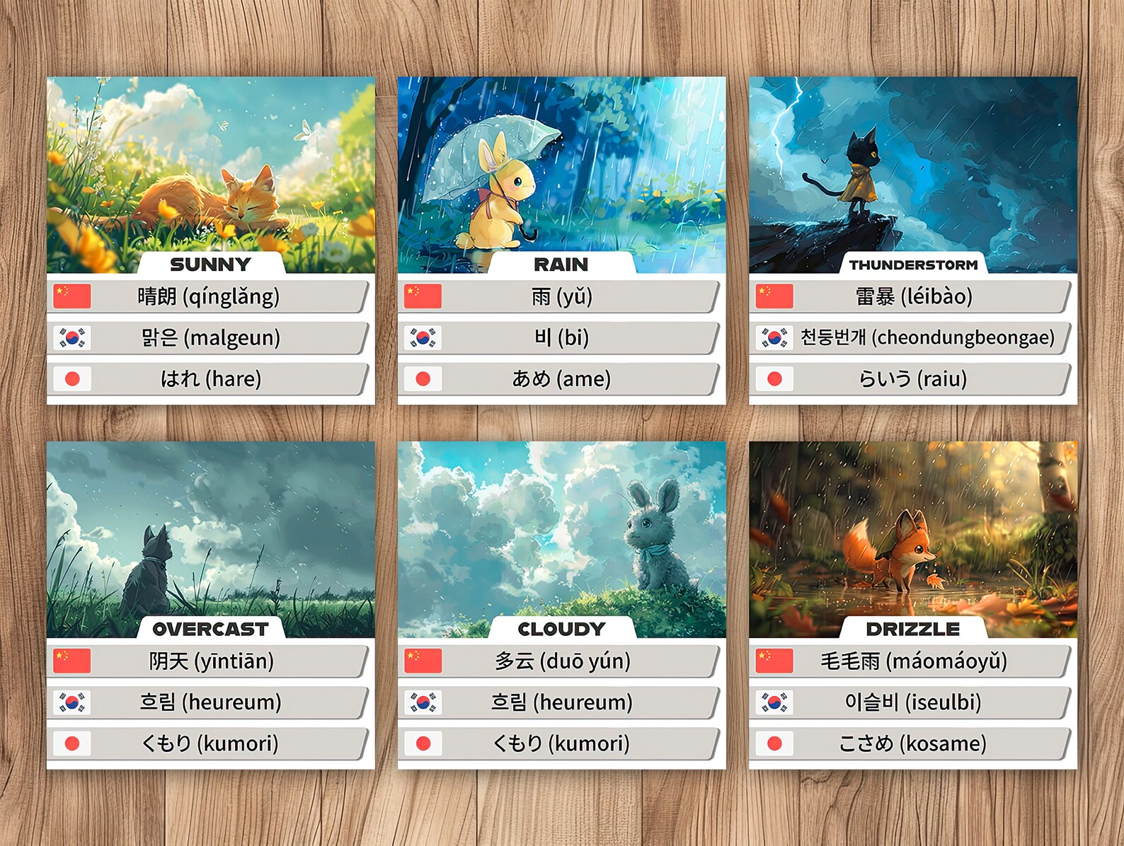 50 Weather Flashcards, English, Chinese, Korean, Japanese, Educational ...