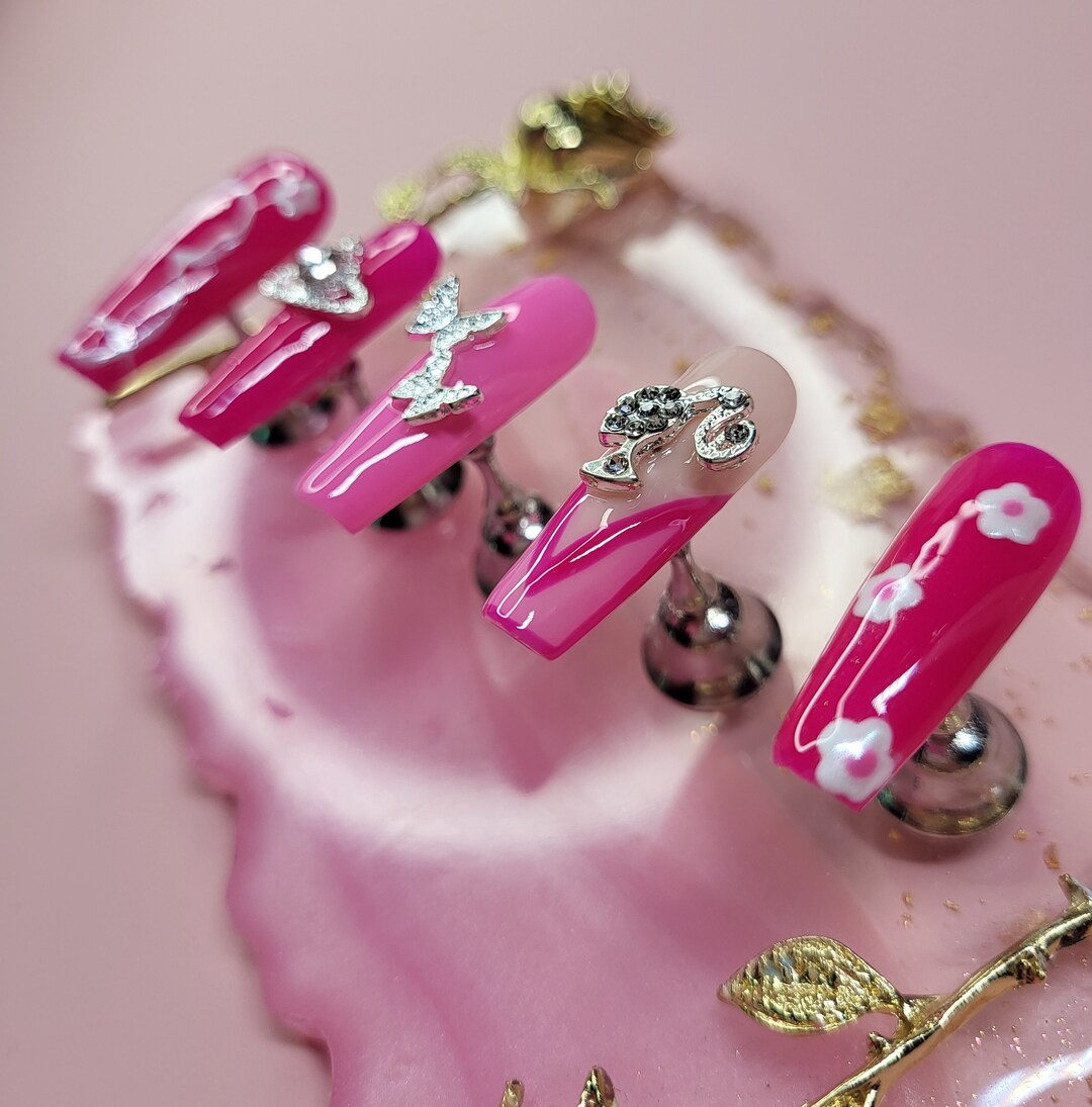 Press-on-nails Kit Long Barbie Coffin-handmade customizable - Etsy