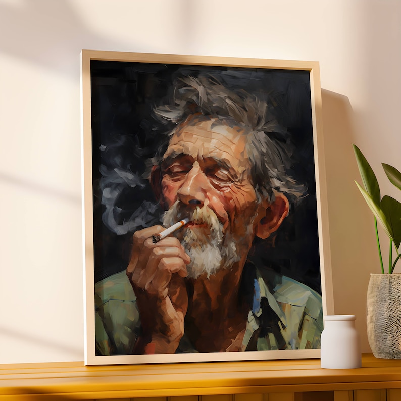 Oil Painting Vintage Painting Old Man Smoking Portrait Wall Art Print ...