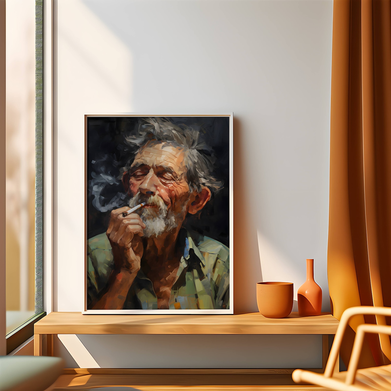 Oil Painting Vintage Painting Old Man Smoking Portrait Wall Art Print ...