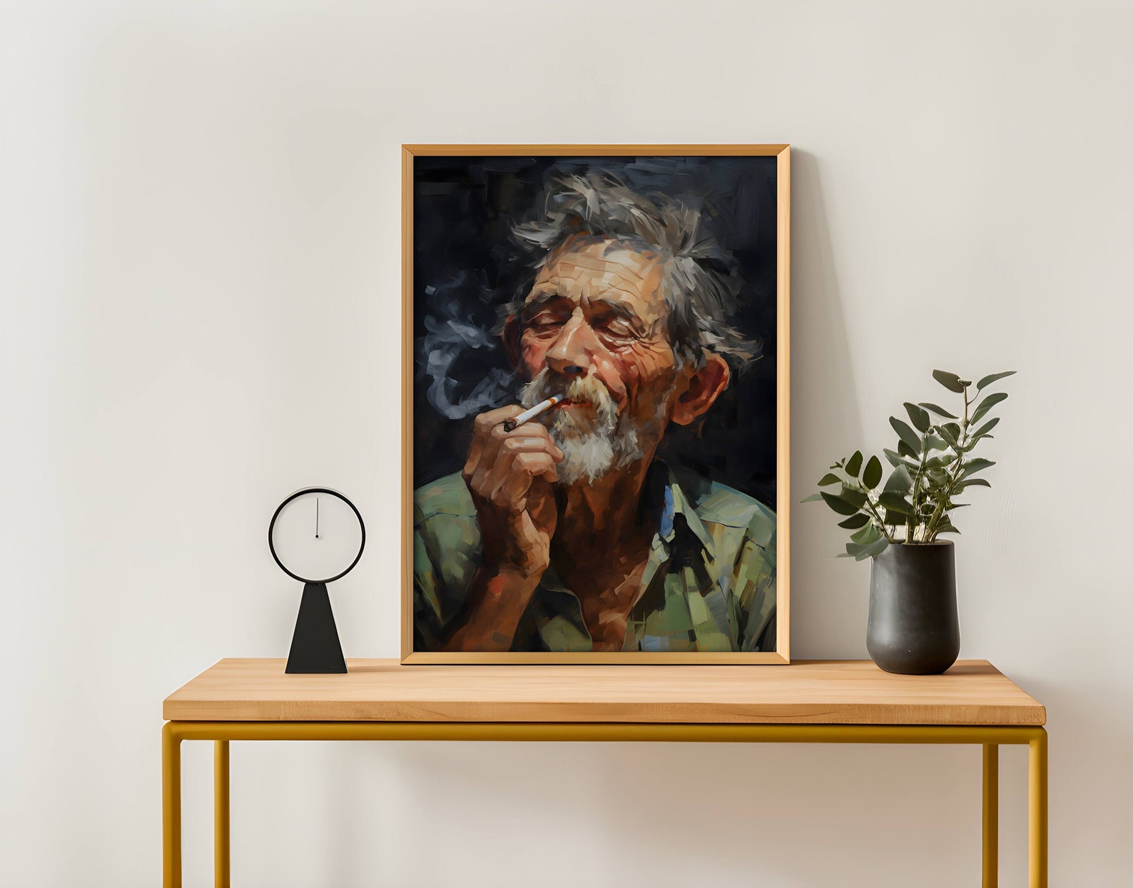 Oil Painting Vintage Painting Old Man Smoking Portrait Wall Art Print ...