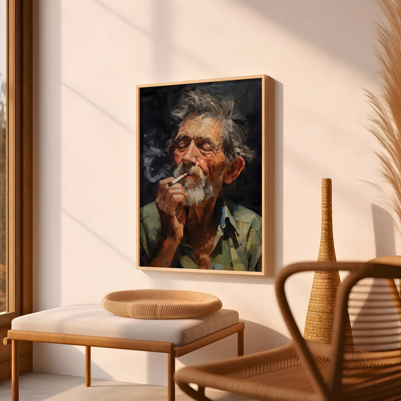 Oil Painting Vintage Painting Old Man Smoking Portrait Wall Art Print ...