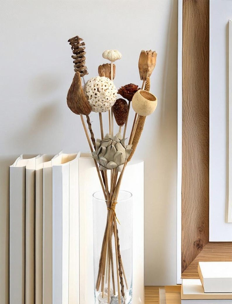 Dried Flower and Pod Bouquet, Rustic Neutral Home Decor, Lotus Pod ...