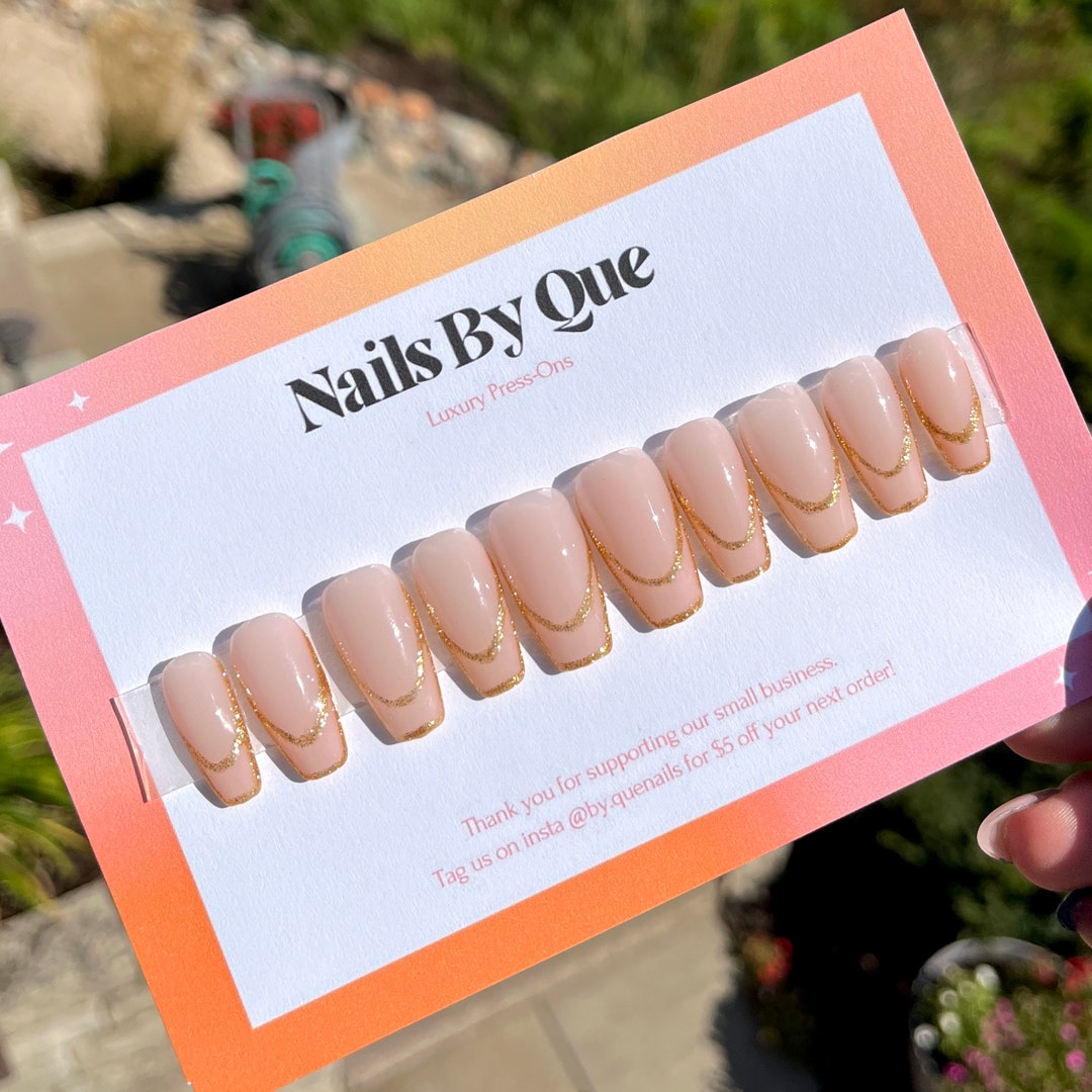 Elegant Gold French Tip Outline Nails, Fancy Shimmery Press on Nails ...
