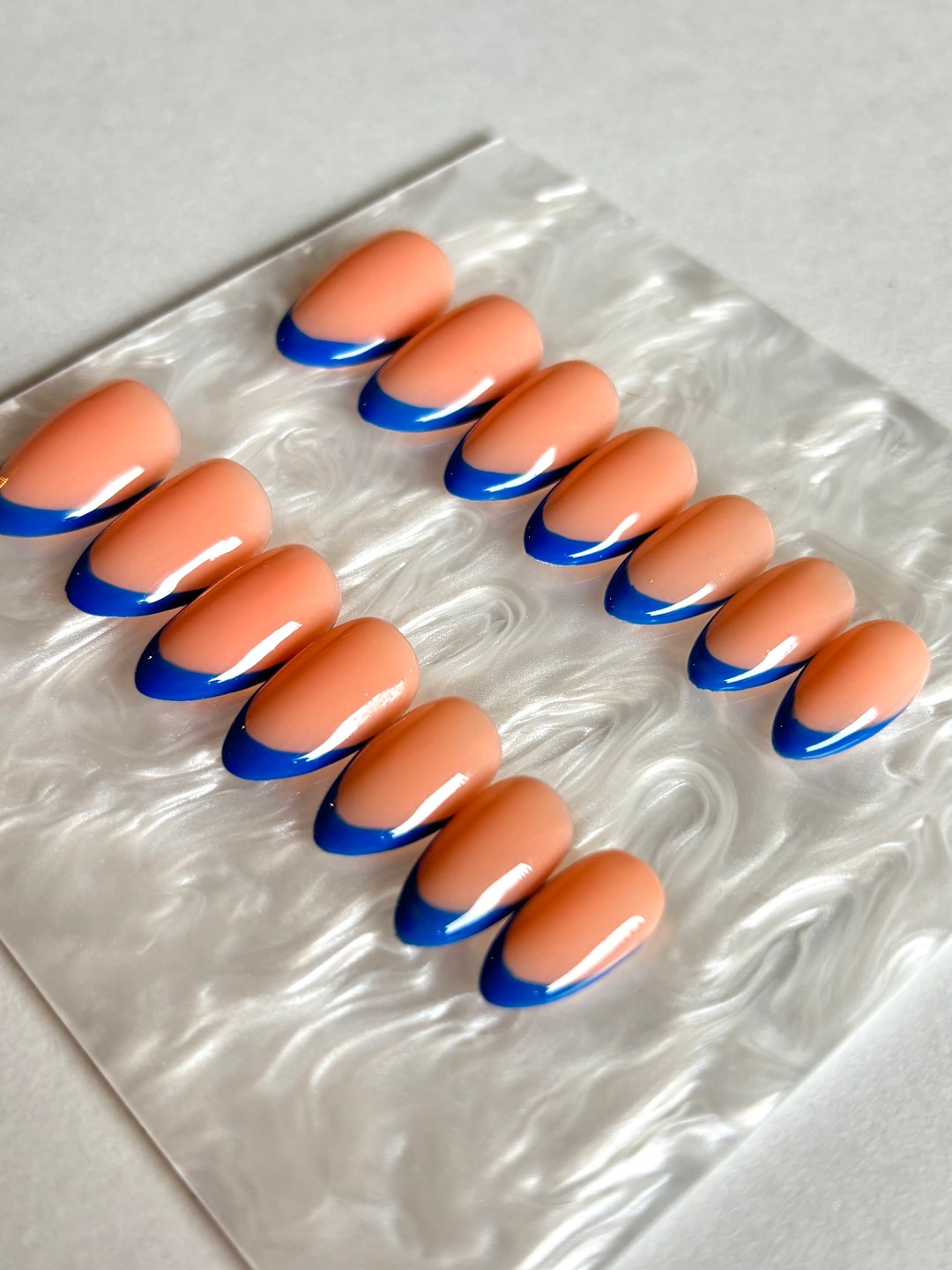 Royal Blue French Tip Nails, Classic French Tips, Short Almond Shaped ...